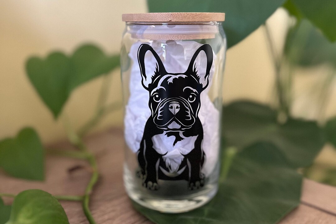 Frenchie Glass Cup W/ Bamboo Lid & Straw | French Bulldog Iced Coffee ...