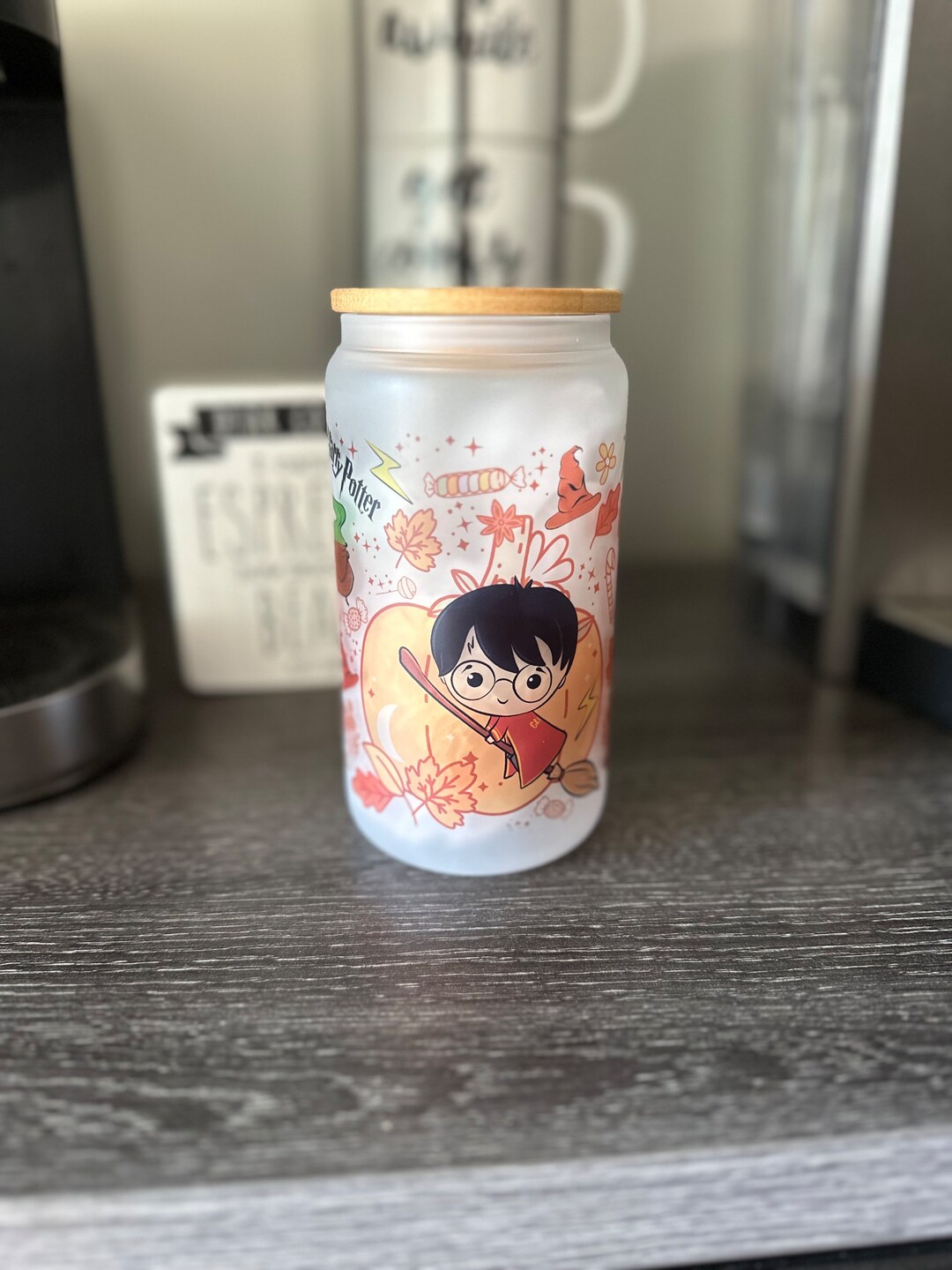 Harry Fall Frosted Glass Cup W/ Bamboo Lid & Straw | Wizard School Iced ...