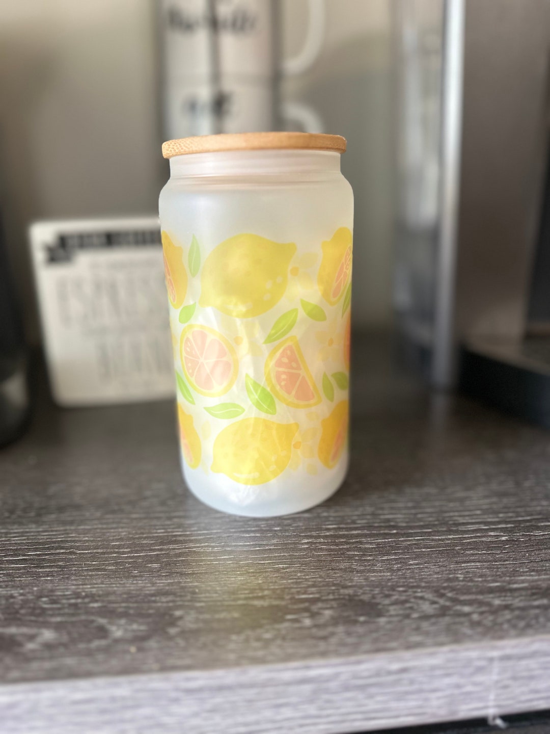 Lemon Frosted Glass Cup W/ Bamboo Lid & Straw | Iced Coffee Glass ...