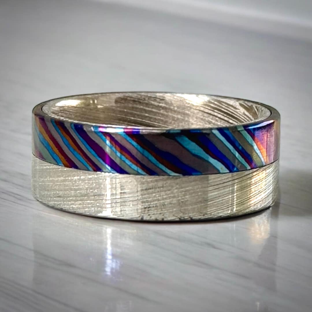 Damasteel & Zircuti Wedding Band: Black Timascus Anniversary Ring - Etsy