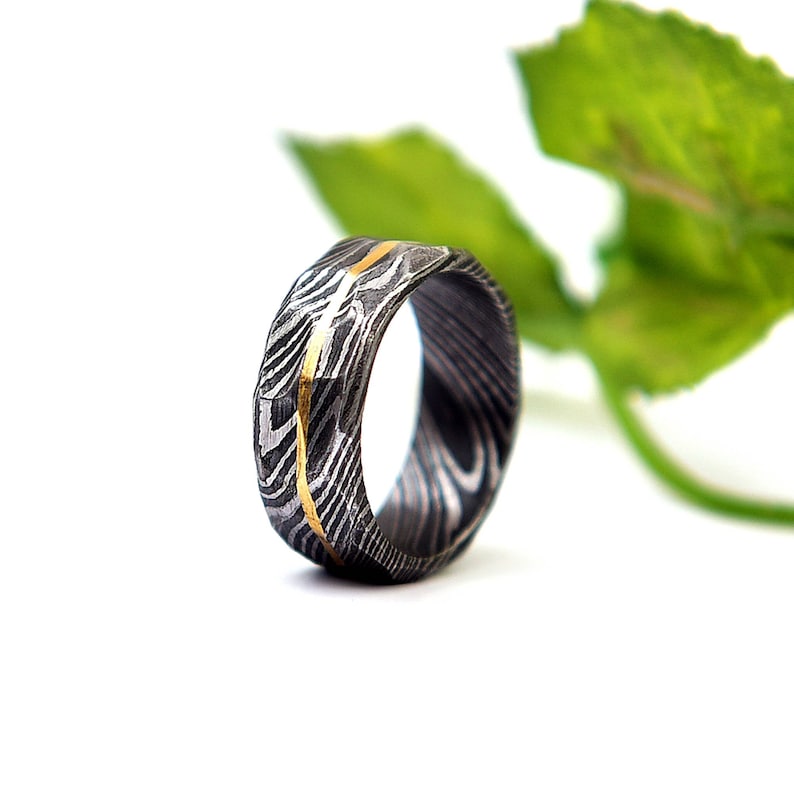 Damascus Steel Hammered Rock Finish Ring With Brass Lining, Engagement ...