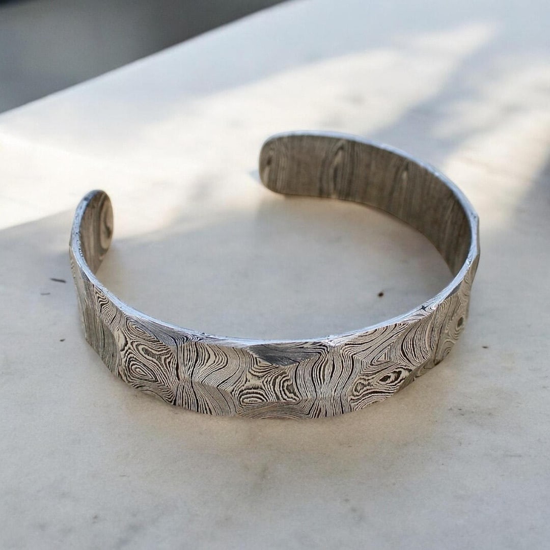 Damascus Hammered Bangle Hand Forged Steel Cuff Bracelet Viking Modern ...