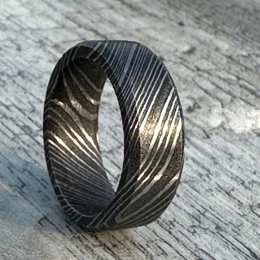 Simple Damascus Ring With Deep Pattern 8mm Flat Shape Ring Band for Him ...