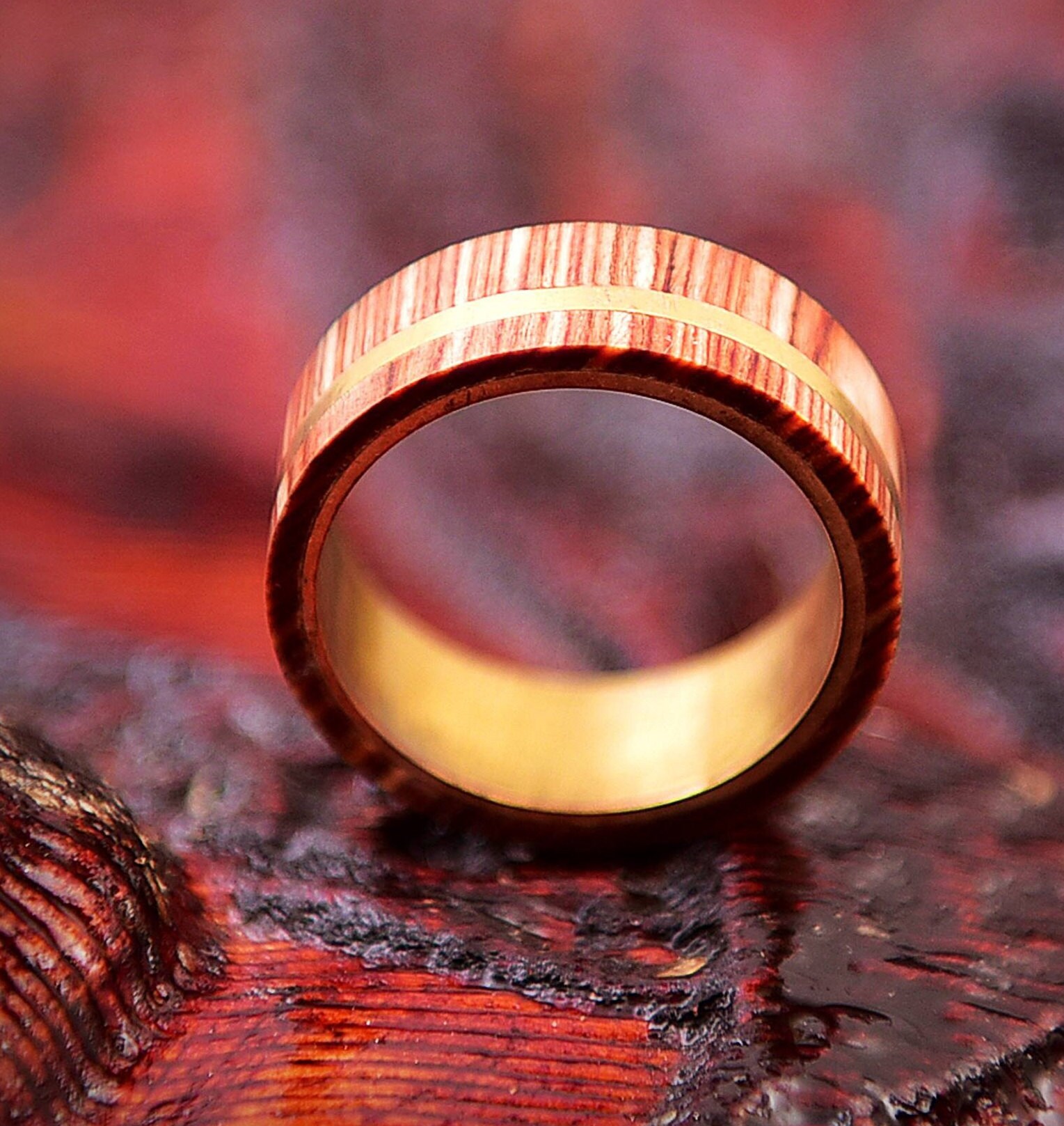 Whiskey Barrel Wood Gold Inlay and Outer Ring Handmade Engagement Band ...