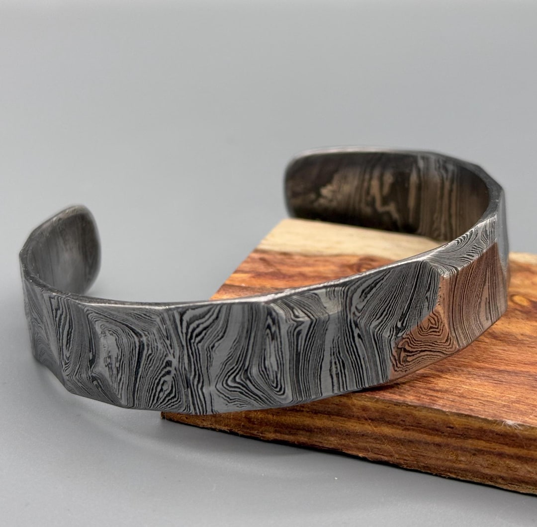 Damascus Hammered Bangle Hand Forged Steel Cuff Bracelet Viking Modern ...
