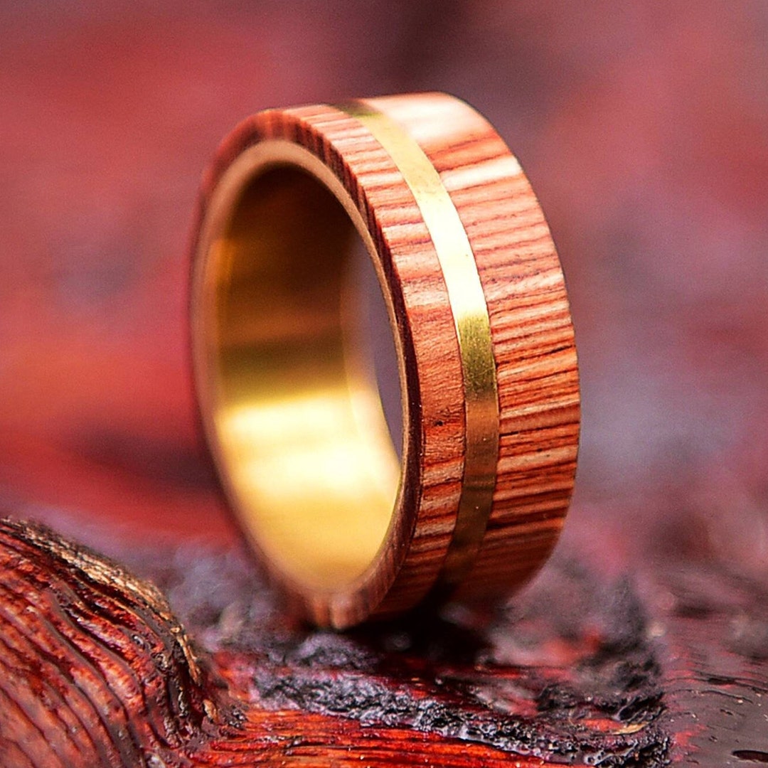 Whiskey Barrel Wood Gold Inlay and Outer Ring Handmade Engagement Band ...