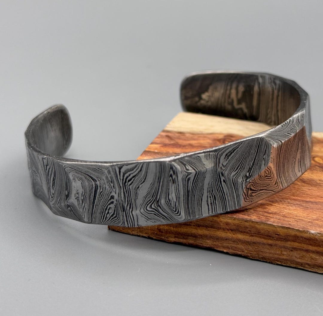Damascus Hammered Bangle Hand Forged Steel Cuff Bracelet Viking Modern ...