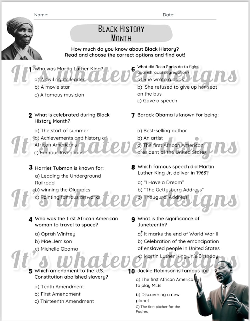 Black History Month Quiz for Kids Fun Educational Game With Answer Key ...