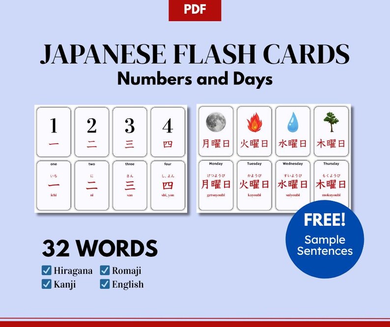 Japanese Flashcards - Numbers and Days (japanese Practice, Kanji ...