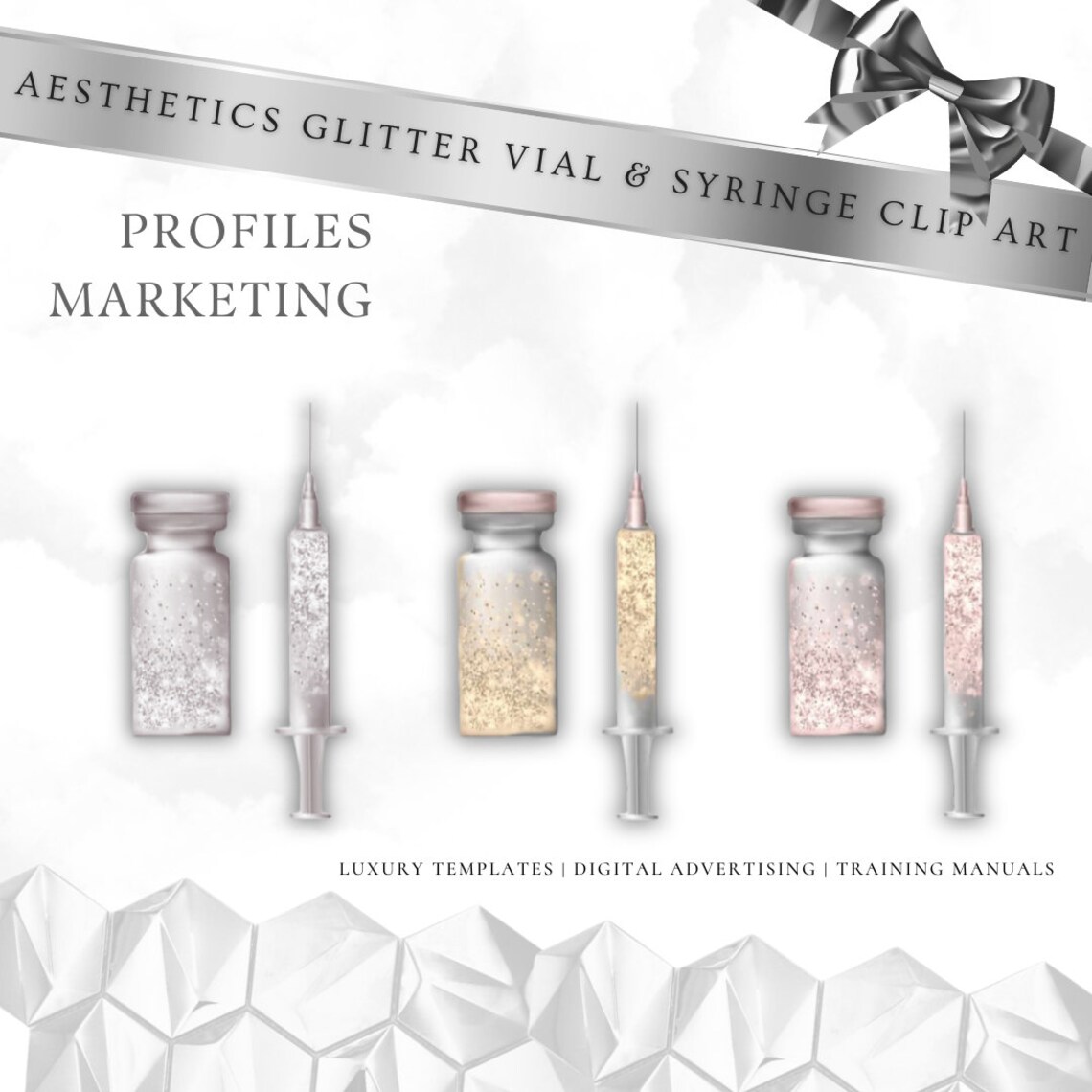Aesthetics Luxury Glitter Syringe & Vial Canva Clip Art - Silver, Gold ...