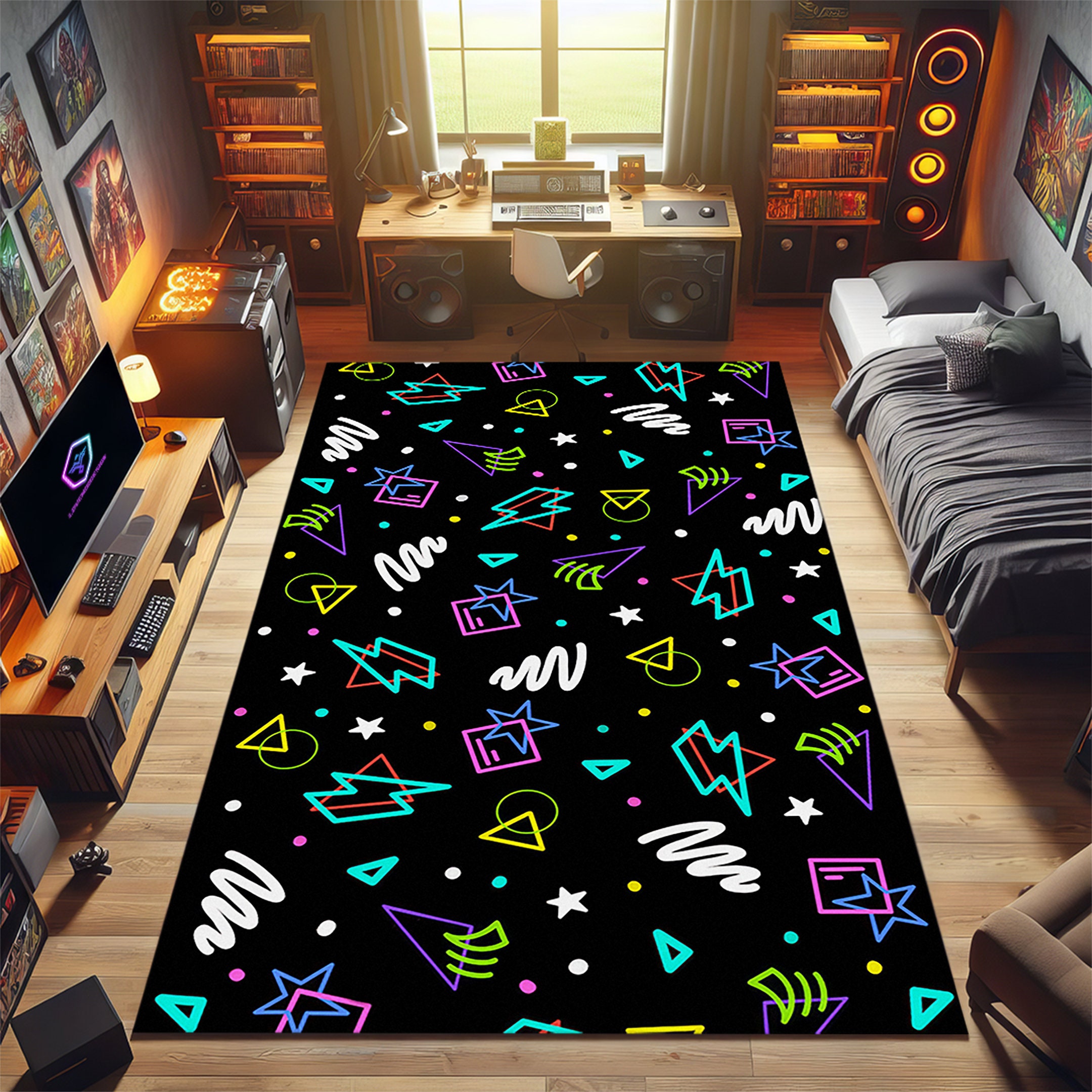 Retro Arcade Carpet, Colorful Trippy Area Rug, 80s 90s Accent Floor Mat ...