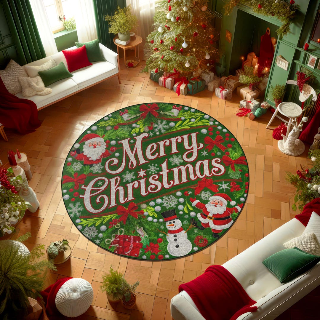 Round merry Christmas Rug With Santa, Snowman & Bows Festive Holiday ...