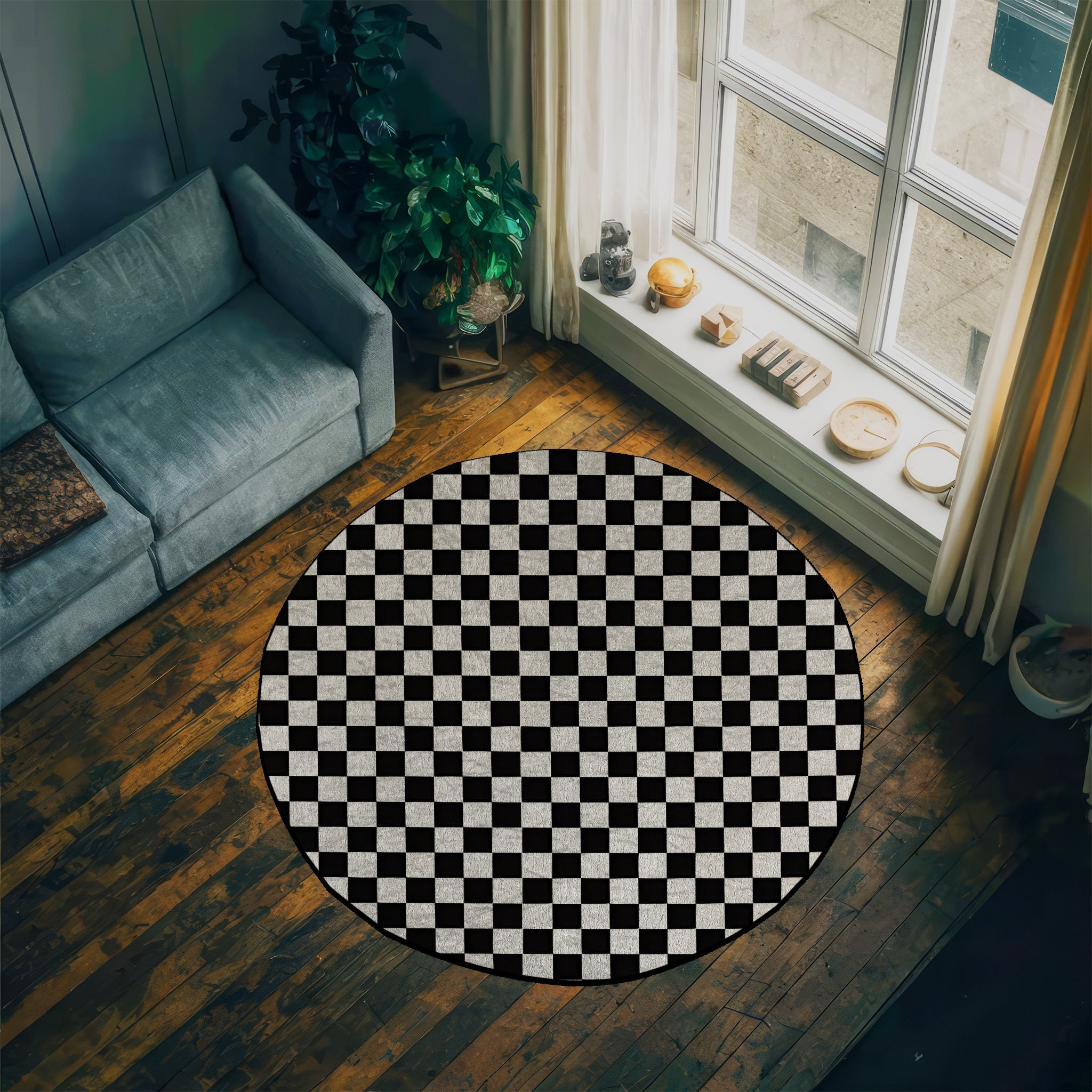 Checkered Rug, Round Rug Aged Black White Checker Area Rug Living Room ...