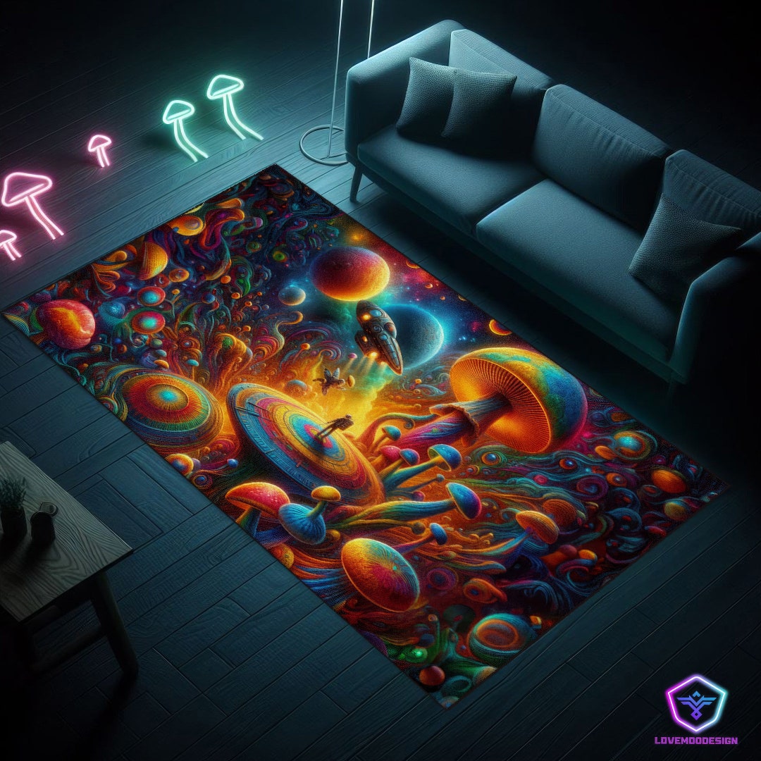 Mushroom Carpet for Colorful Ethnic Room Decor, Trippy Rug, Living Room ...