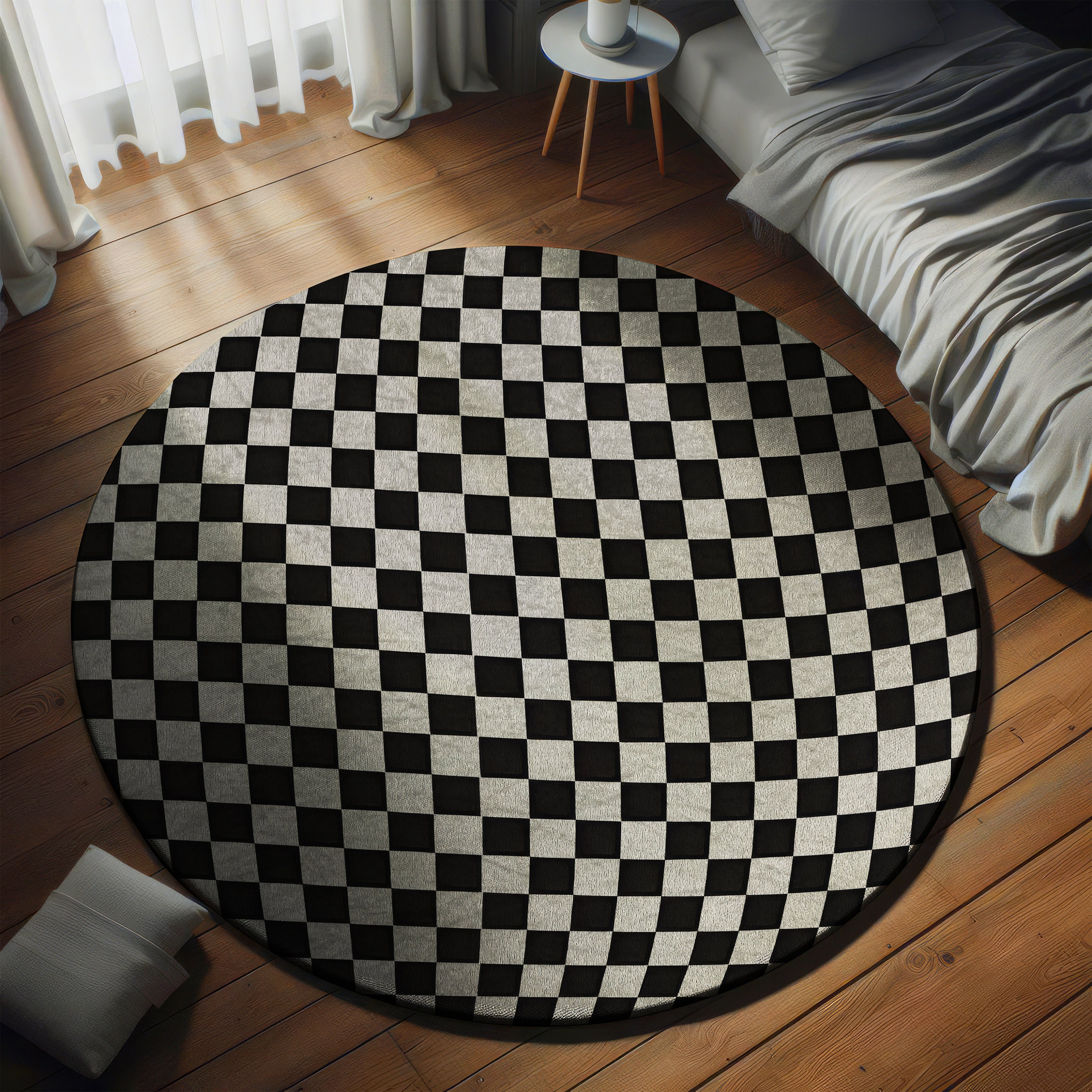 Checkered Rug, Round Rug Aged Black White Checker Area Rug Living Room ...