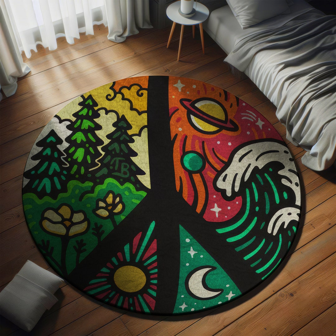 Peace Sign Rug, Round Rug, Rainbow Rug, Hippie Design Rug, Peace ...