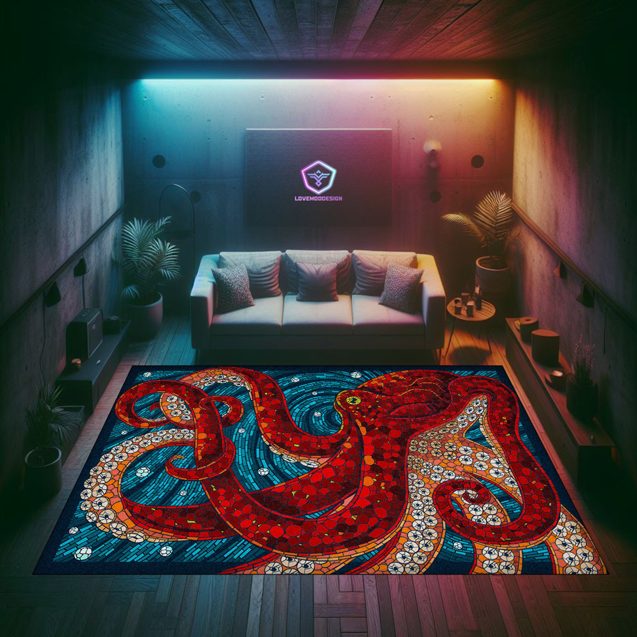 Octopus Rug, Metallic Octopus, Mosaic Art,mosaic Rug, Red Octopus Rug ...