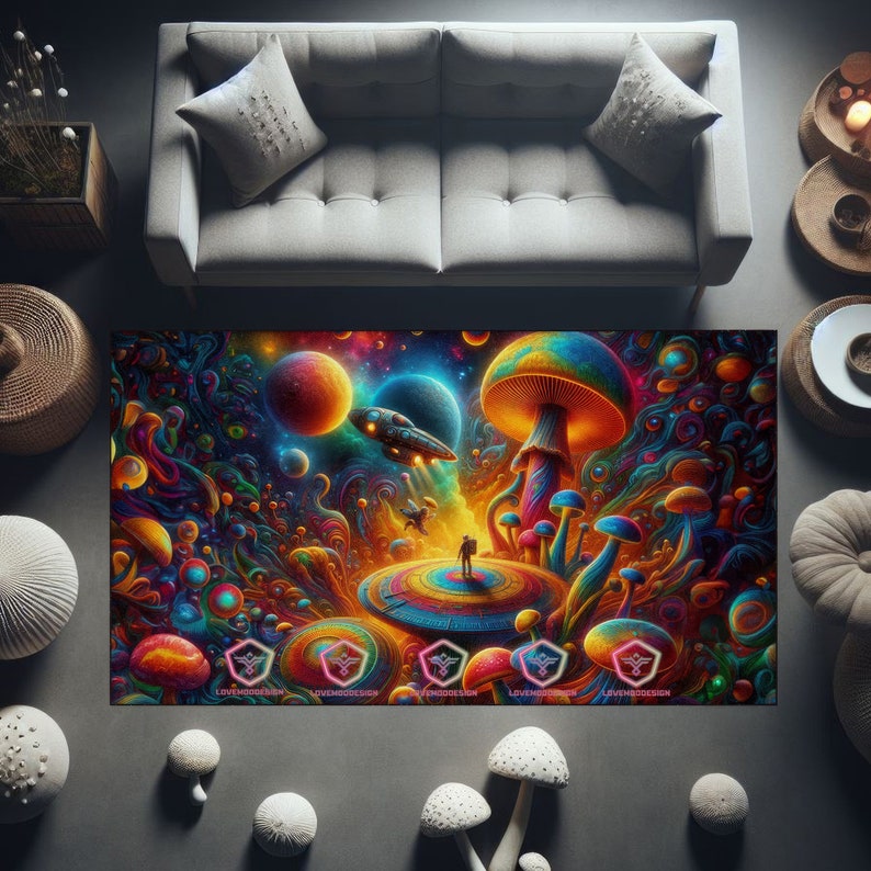 Mushroom Carpet for Colorful Ethnic Room Decor, Trippy Rug, Living Room ...