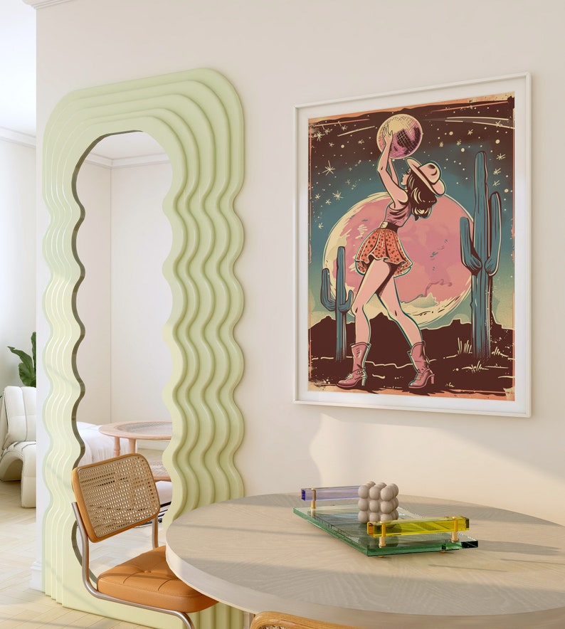 Retro Cowgirl Holding Disco Ball in Space Desert Wall Art, Retro ...