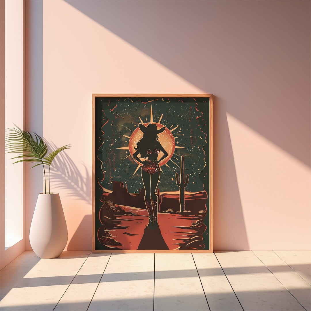 Cowgirl in Sparkly Retro Disco Outfit, Space Desert Wall Art, Vintage ...
