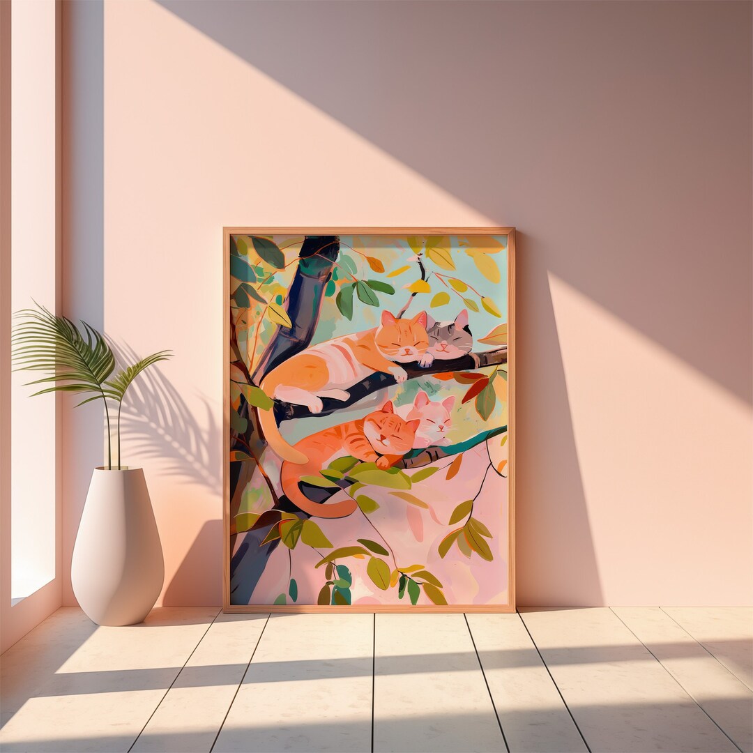Cats in Tree Art Print, Dopamine Decor, Maximalist Painting, Colorful ...