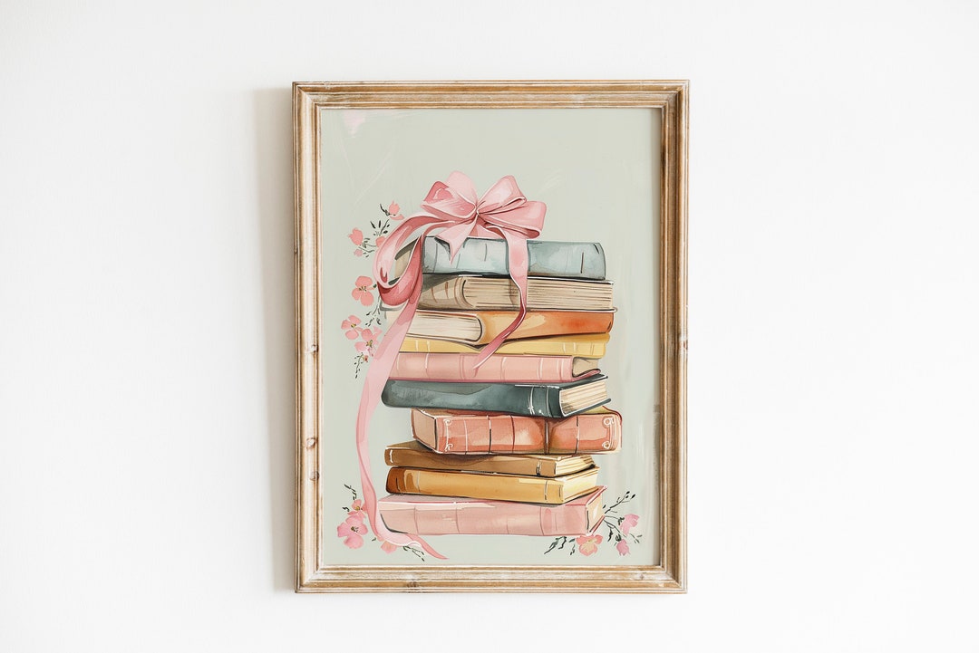 Retro Vintage Stack of Books Wall Art, Book Lover Gift, Coquette Room ...