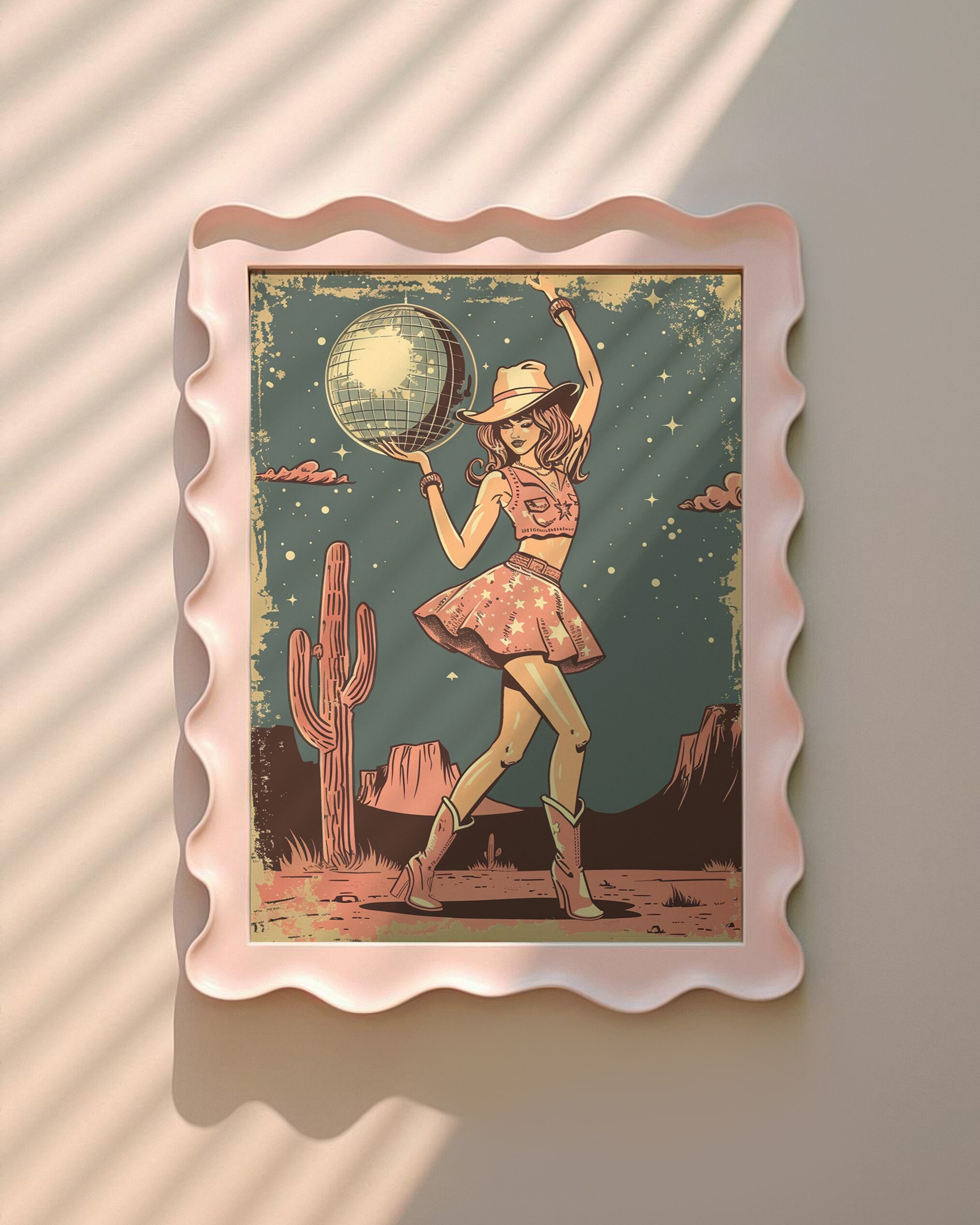 Retro Disco Cowgirl Printable Art, Desert Cactus in Space Print, Girly ...