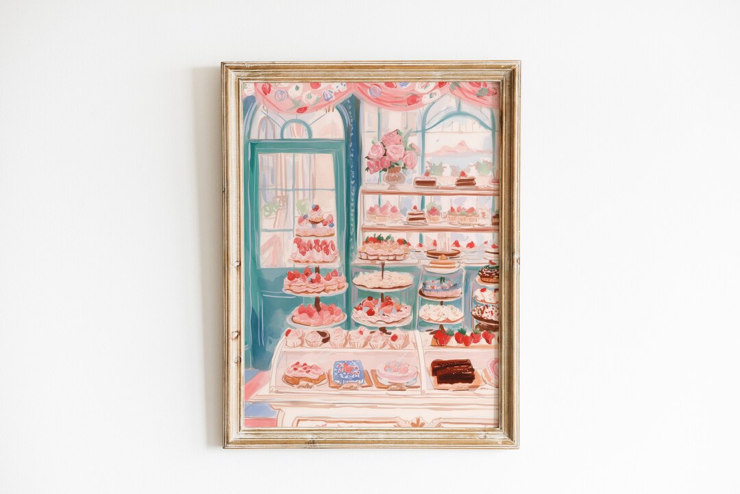 Cake Bakery Cafe Art Print, Pink Kitchen Decor, Trendy Cafe Poster ...