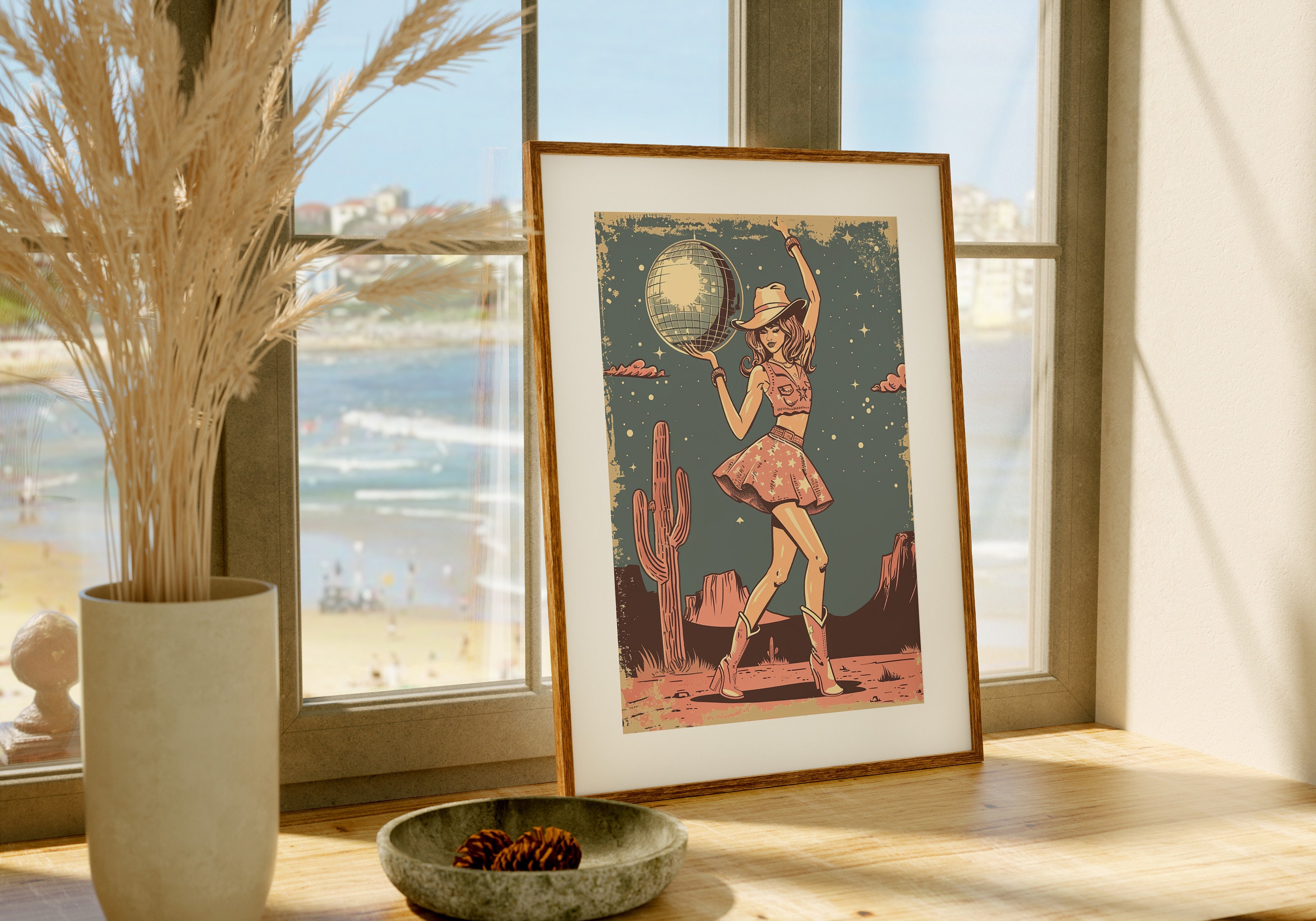 Retro Disco Cowgirl Printable Art, Desert Cactus in Space Print, Girly ...