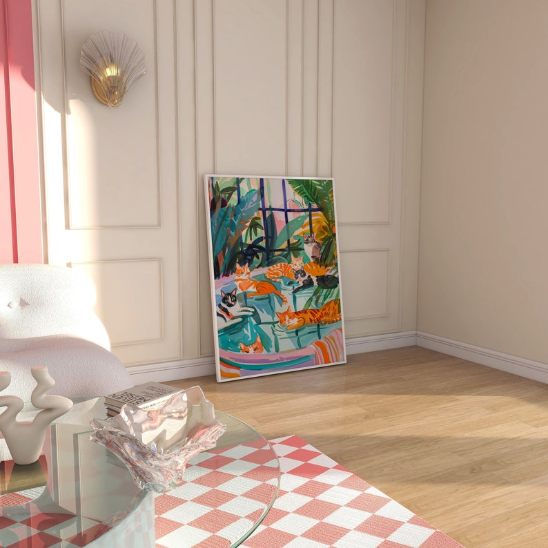 Cats in Bath Art Print, Maximalist Decor, Colorful Eclectic Poster ...