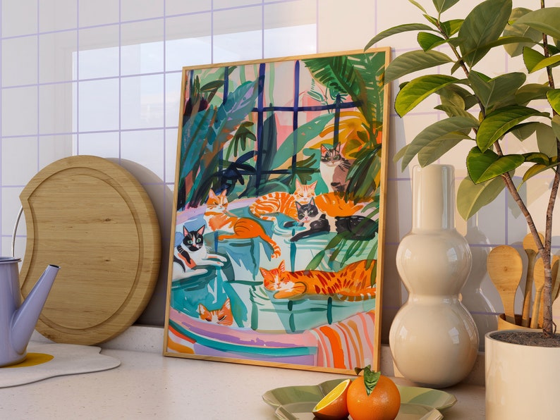 Cats in Bath Art Print, Maximalist Decor, Colorful Eclectic Poster ...