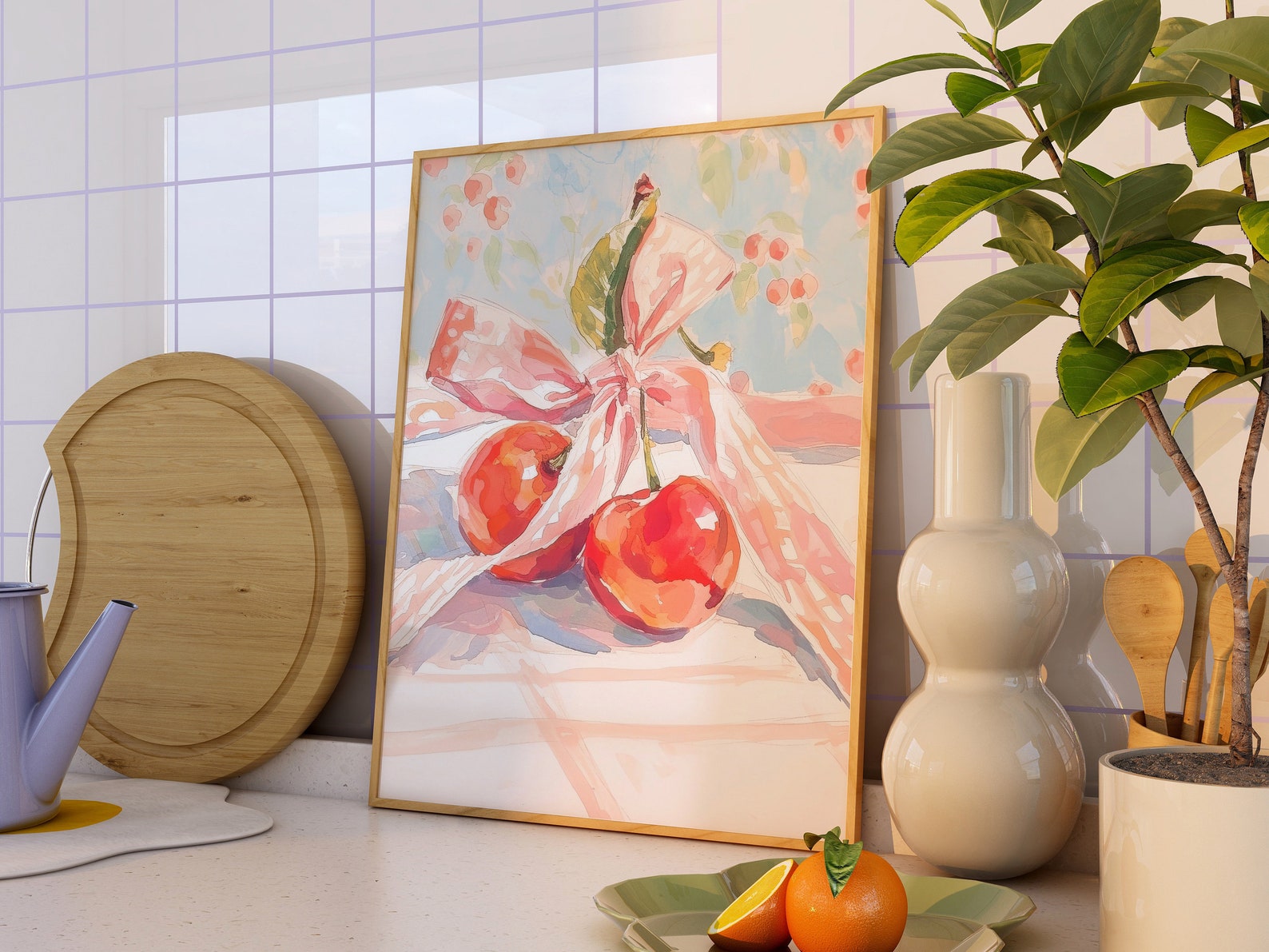 Retro Cherry Wall Art, Girly Coquette Pink Bow Preppy Room Decor ...