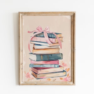 Stack of Books Art Print, Gift for Book Lover, Retro Library Poster ...