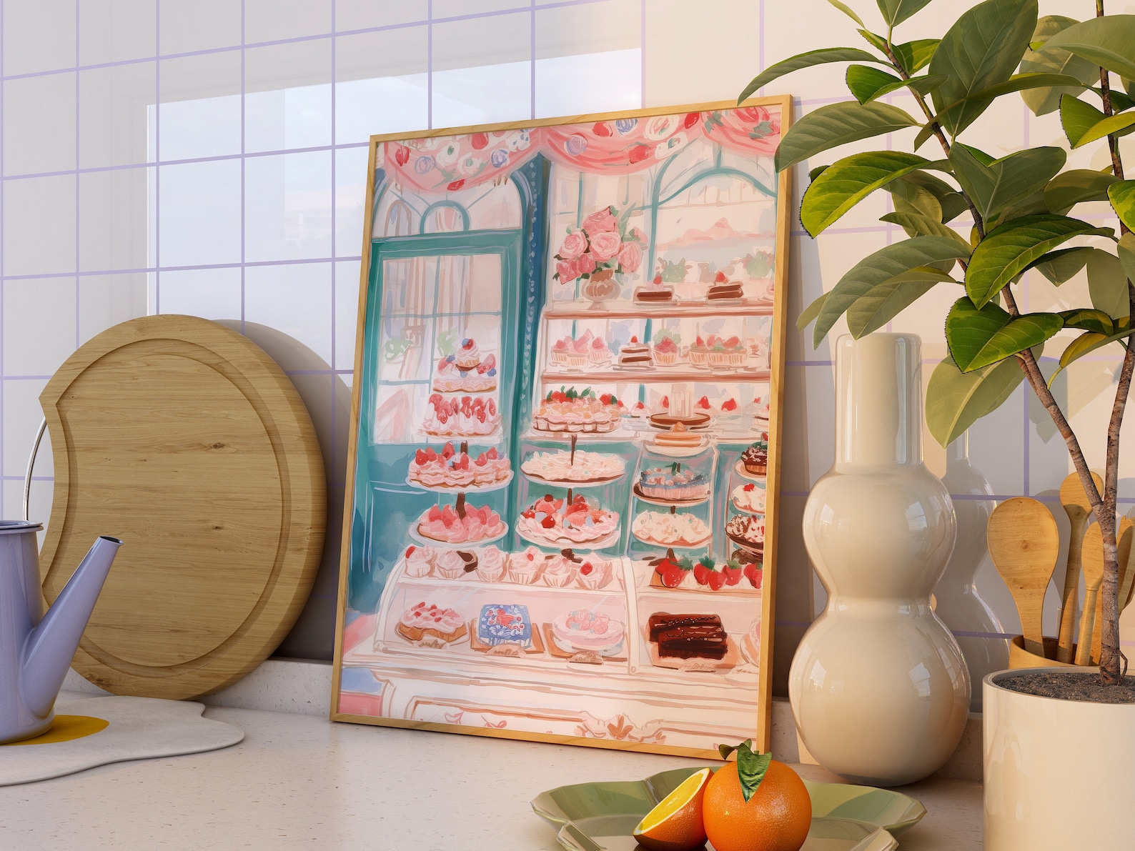 Cake Bakery Cafe Art Print, Pink Kitchen Decor, Trendy Cafe Poster ...