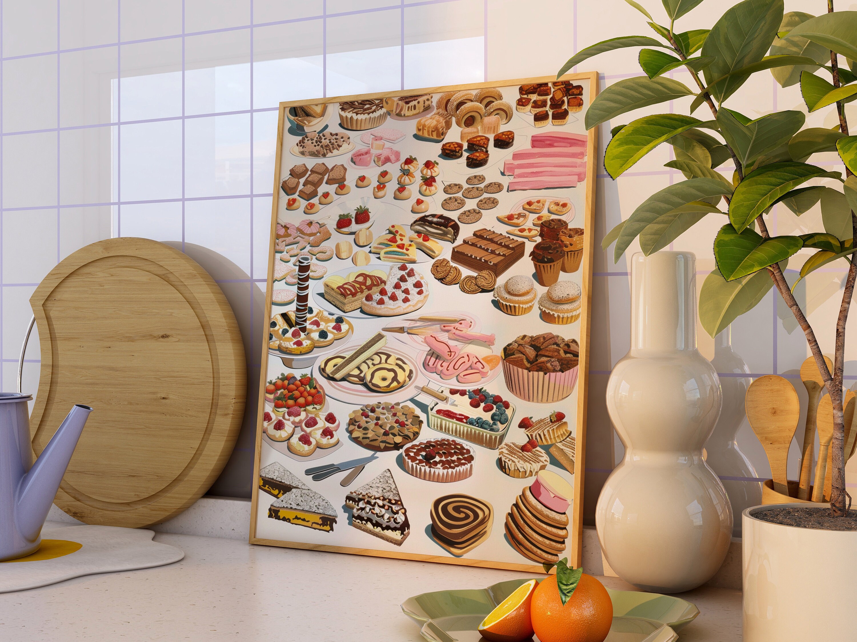 Baked Goods Food Poster, Dessert Illustration, Retro Kitchen Wall Art ...