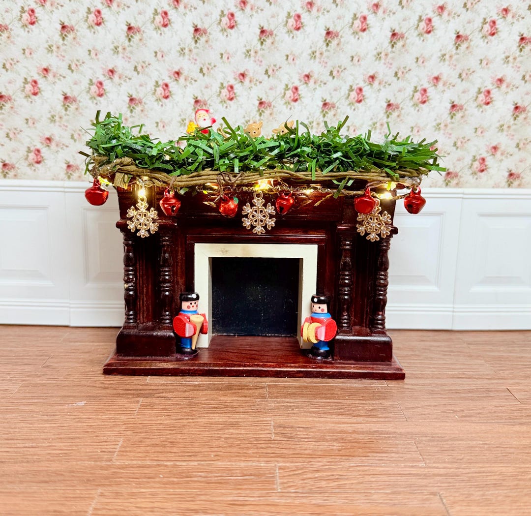 Miniature Christmas Fireplace Mantel, 1/12 Scale Dollhouse Holiday ...