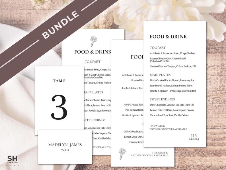 Wedding Bundle Reception Dinner Menu Templates Wedding Seat Chart Card ...