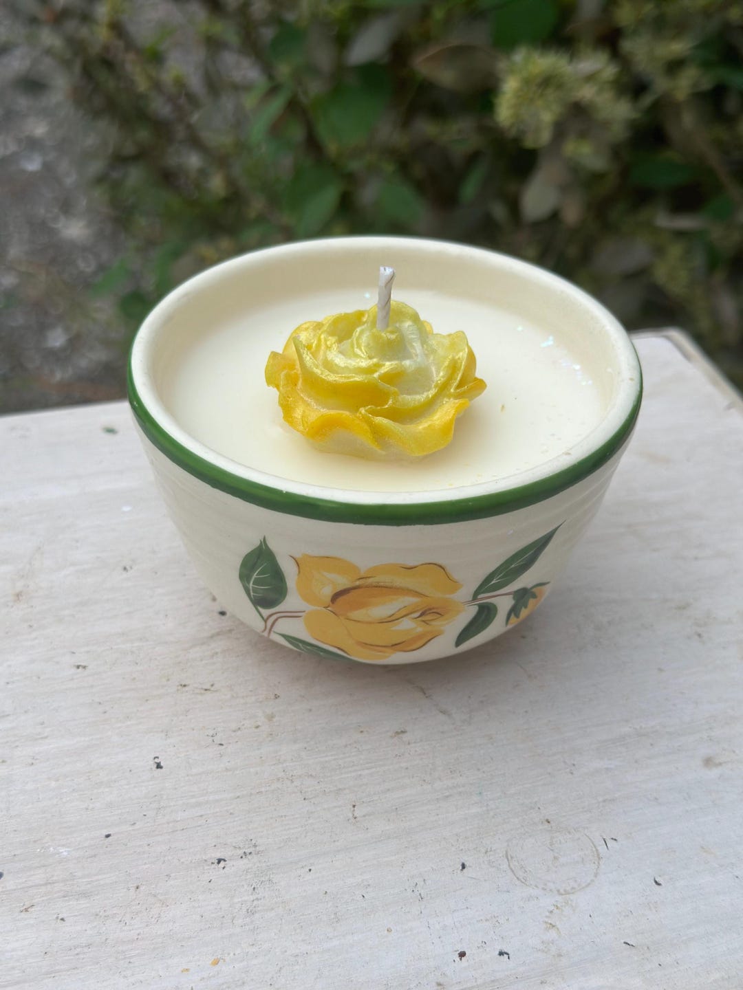 Lemon Rosé Scented Candle in a Vintage Bake Oven Yellow Rose Patterned ...