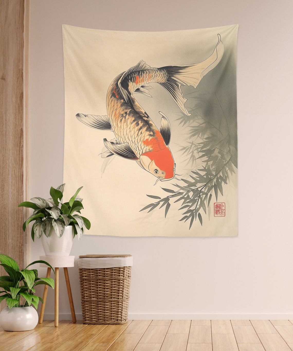 Tapestry of Koi Fish in Pond Ohara Koson Style Painting 20th Century ...