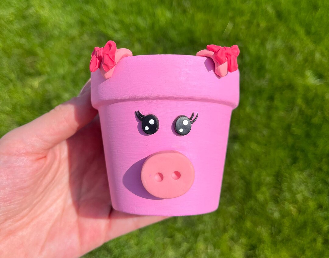 Little Pink Piggy Pot - Cute Handmade Polymer Clay Pig Planter for ...