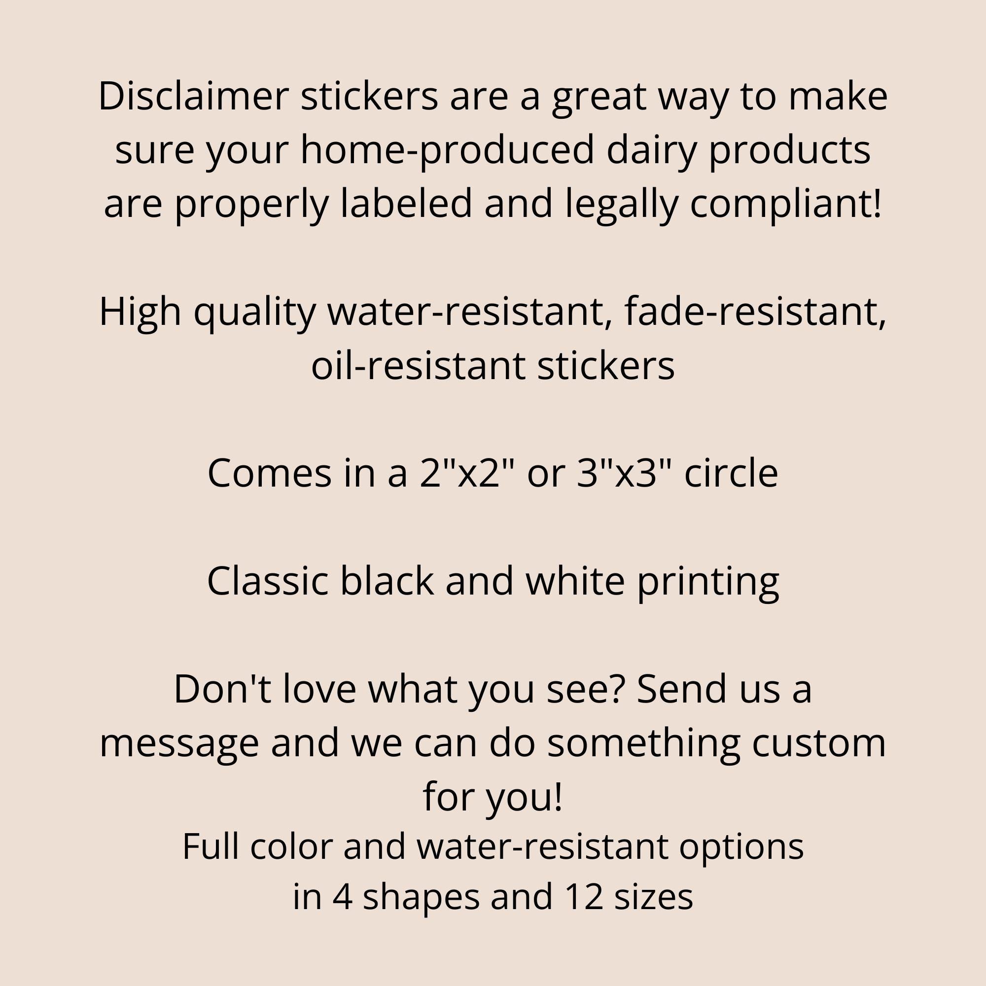 Farm Fresh Raw Milk and Dairy Disclaimer Warning Stickers - Etsy