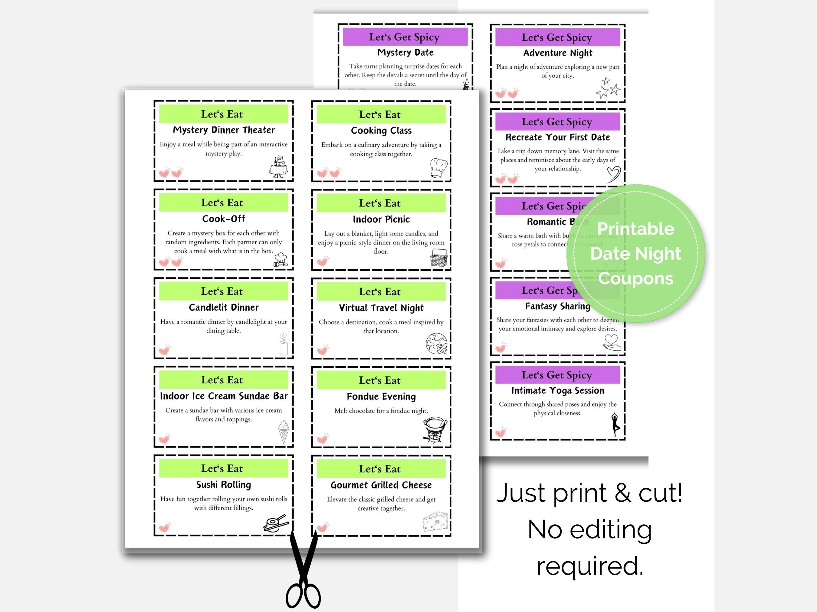 Date Night Cards I Printable Date Night Coupons for Couples I 180 ...