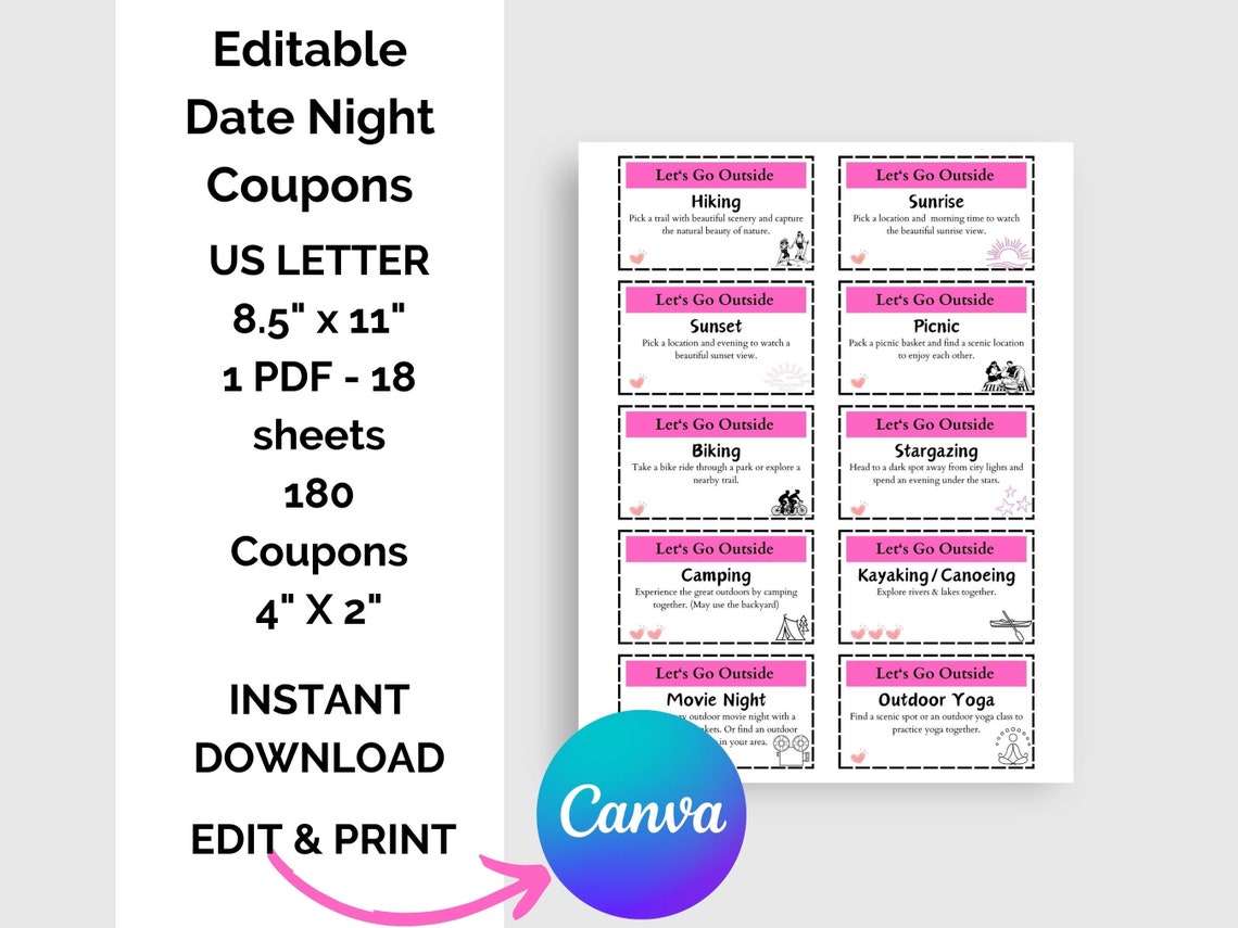 Date Night Cards I Printable Date Night Coupons for Couples I 180 ...