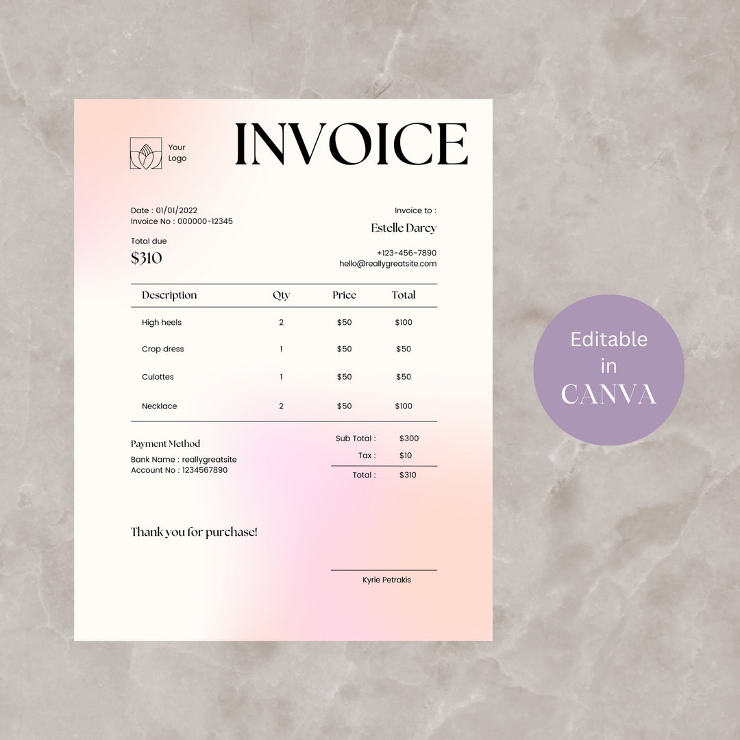 Aesthetic Editable Invoice Ethereal Modern Feminine Invoice Small ...