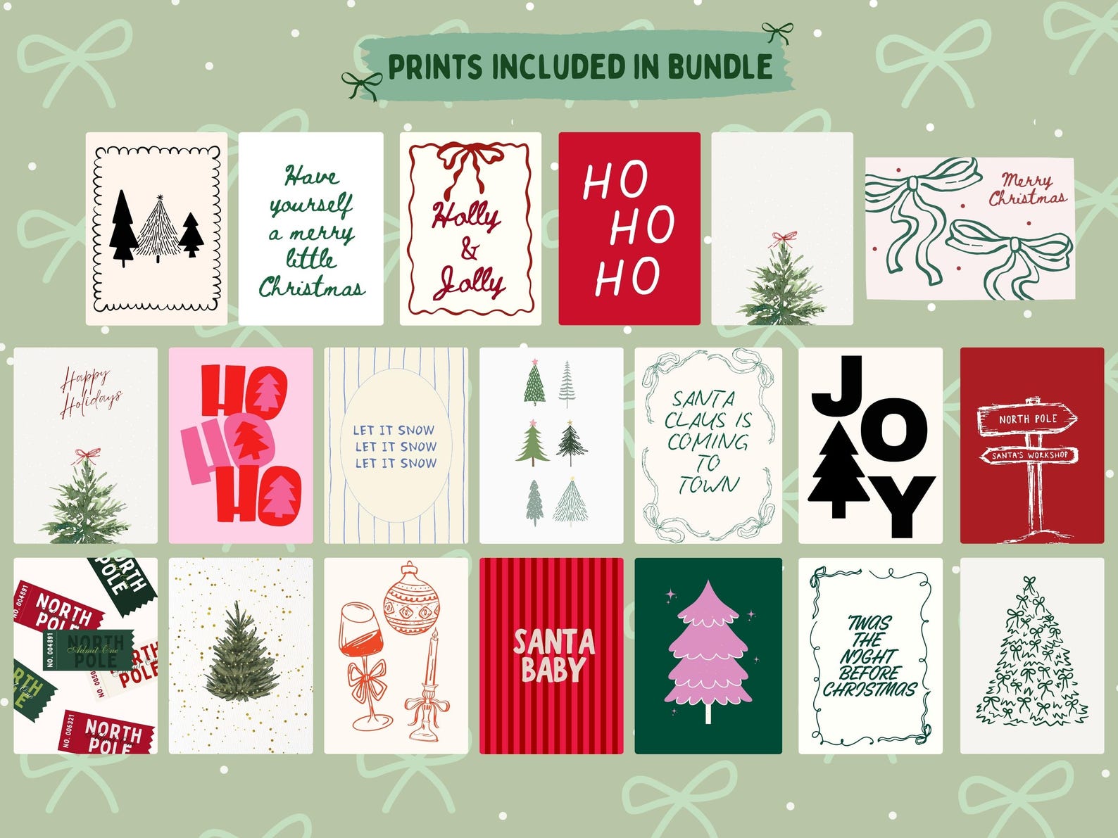 Christmas Wall Art Bundle, Preppy Gallery Wall Set, Cute Xmas Holiday ...