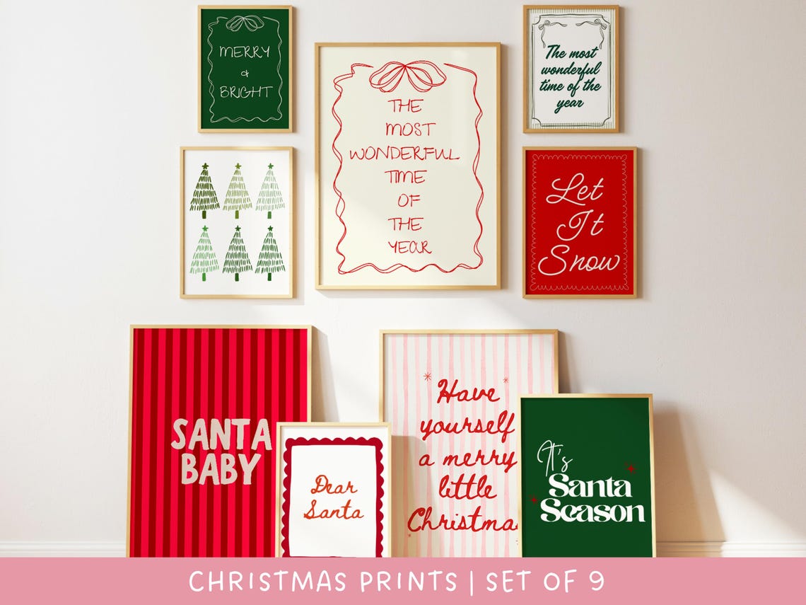 Christmas Wall Art Set of 9, Red and Green Holiday Print Bundle ...