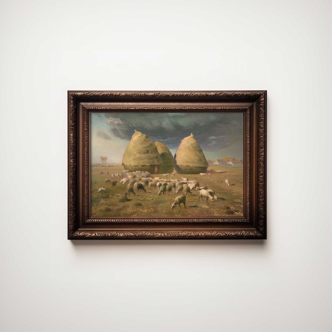 Farm Haystack Landscape Oil Painting Print Vintage Sheep in Field ...