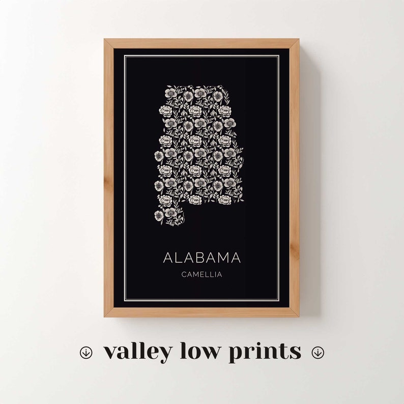 Alabama State Flower Print AL Floral Map Wall Art Camellia Pattern ...