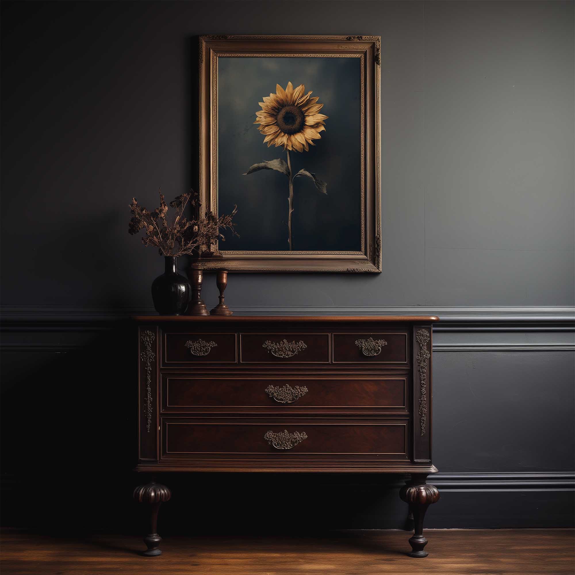 Vintage Dark Academia Sunflower Wall Art Print | Moody Floral Decor ...