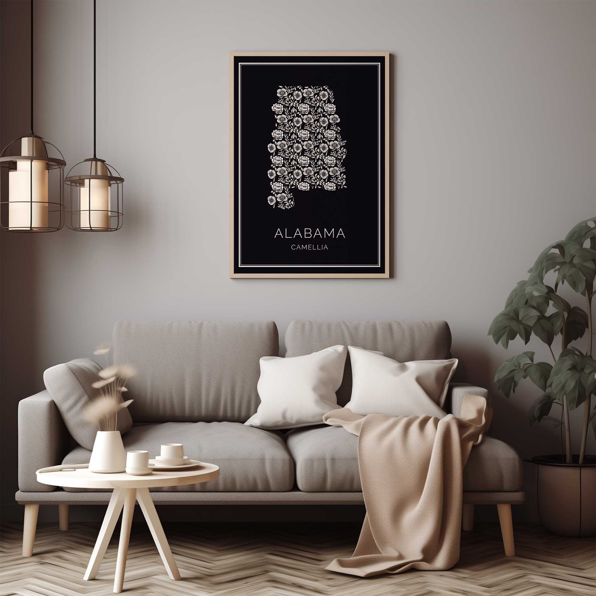 Alabama State Flower Print AL Floral Map Wall Art Camellia Pattern ...